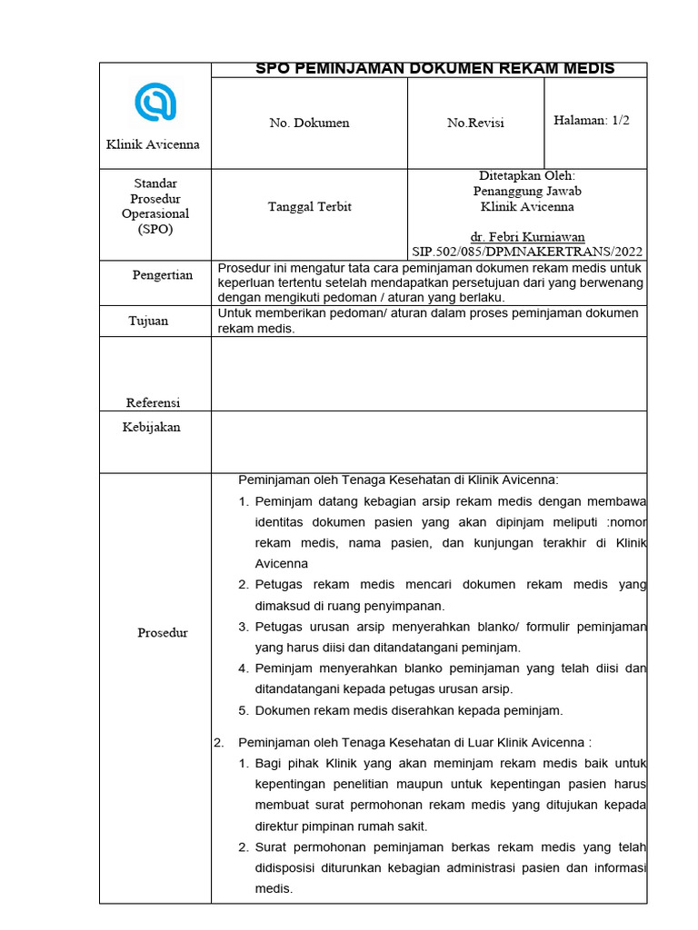 SOP Peminjaman Rekam Medis | PDF