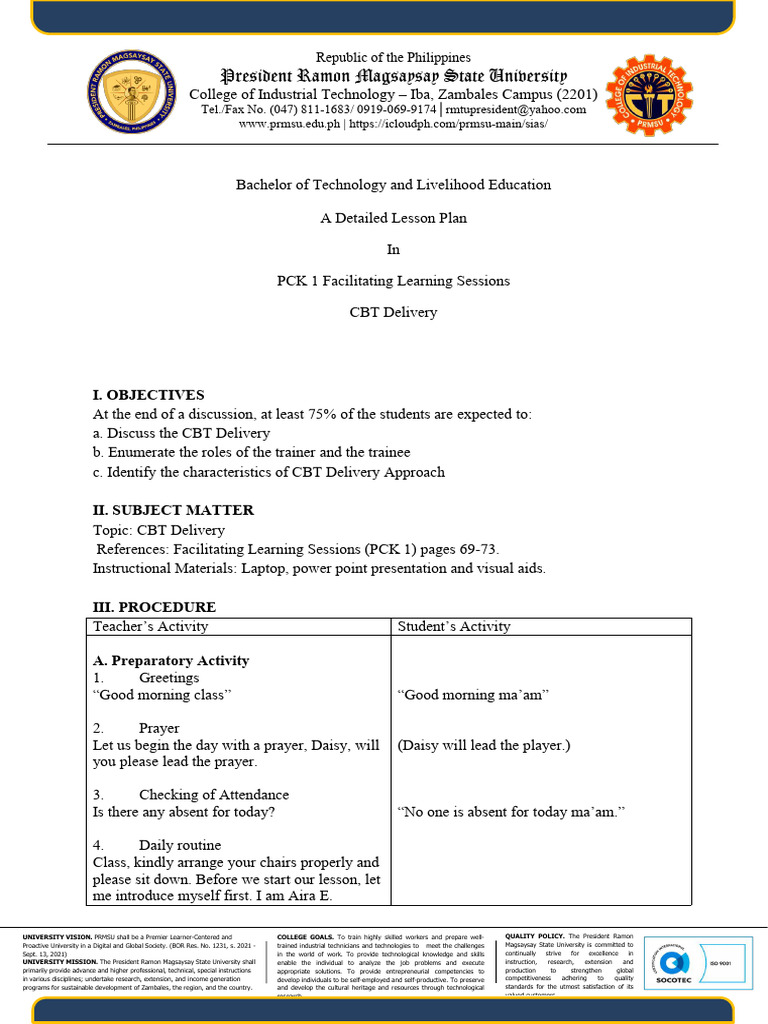 Competency-Based Training Delivery Plan | PDF | Facilitator | Learning