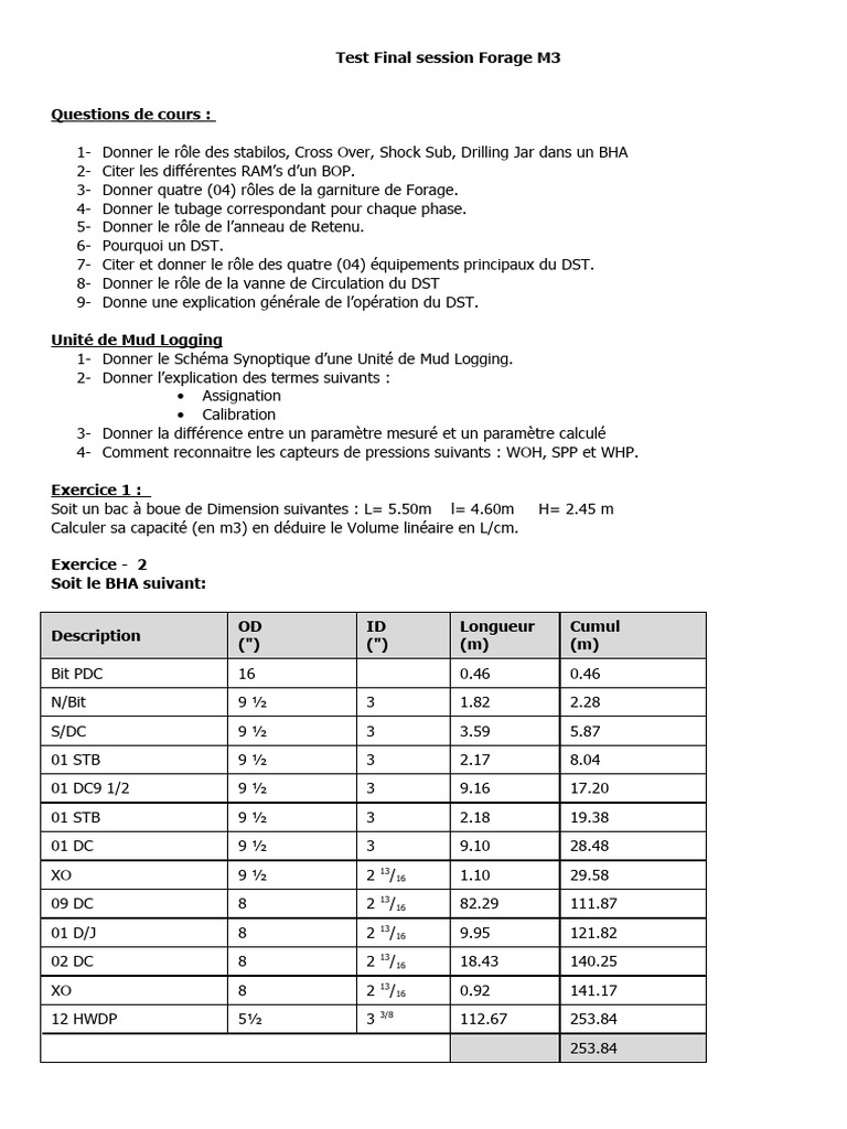 Test Final Forage M3: Questions et Exercices | PDF