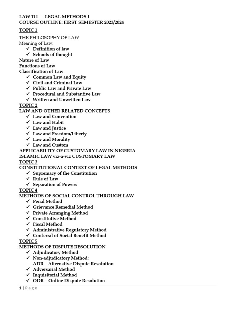 Legal Methods I Course Outline | PDF | Equity (Law) | Common Law
