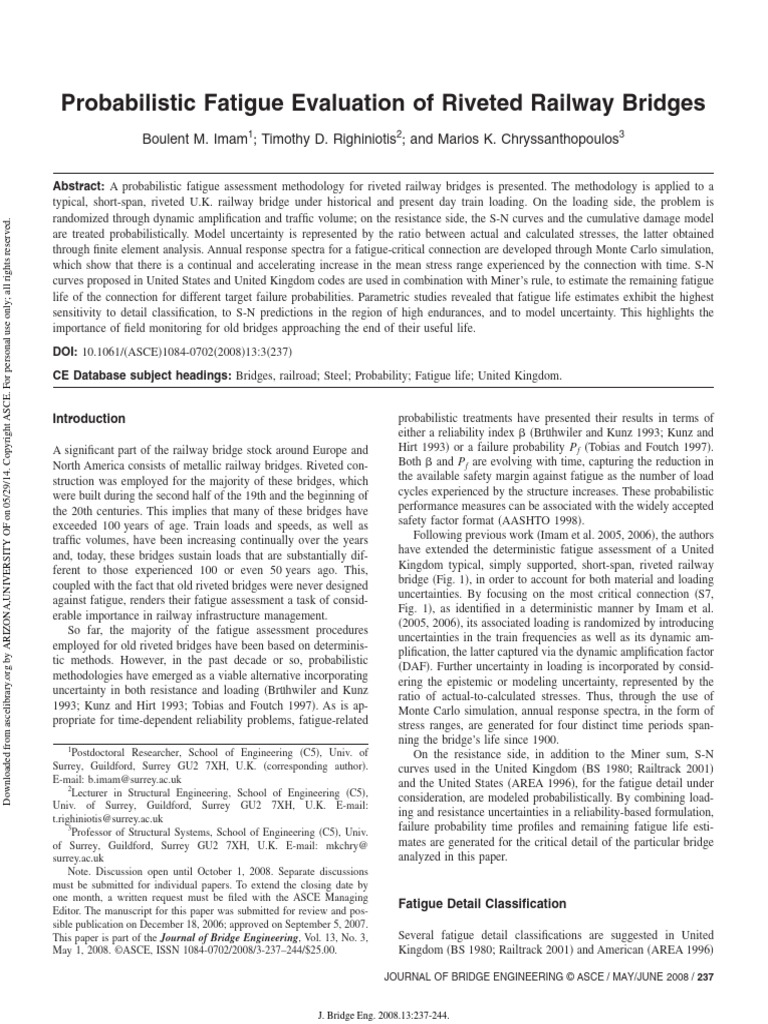 2008 Probabilistic Fatigue Evaluation of Riveted Railway Bridges | PDF ...