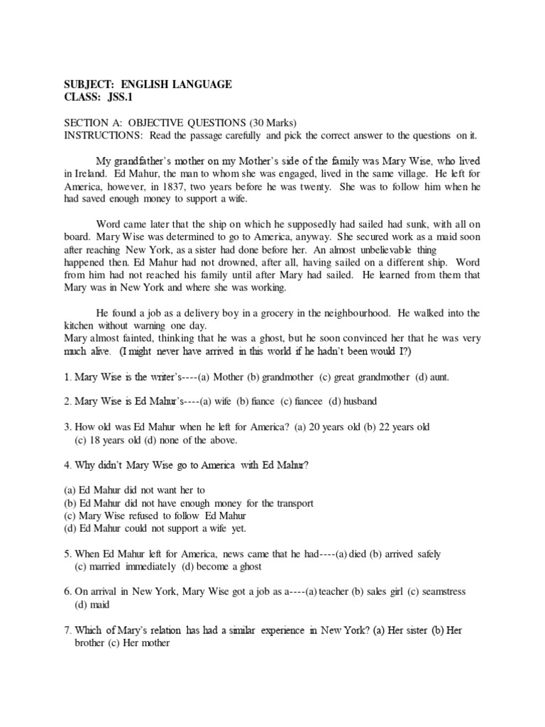 JSS1 English Exam Questions and Answers | PDF