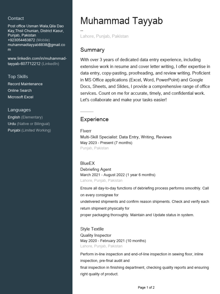 Muhammad Tayyab: Contact | PDF