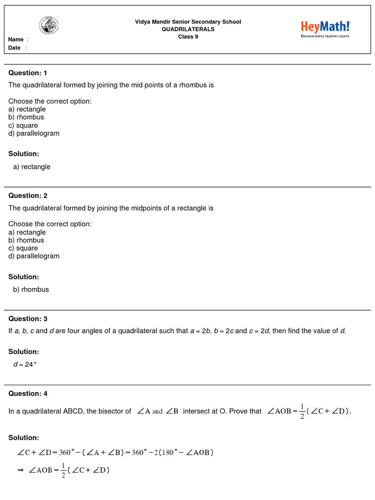 Term 2 Assignment 1 Quadrilaterals - Answers | PDF | Rectangle | Euclidean Geometry