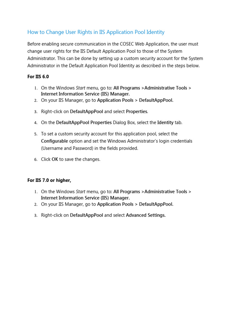 How To Change User Rights in IIS Application Pool Identity | PDF