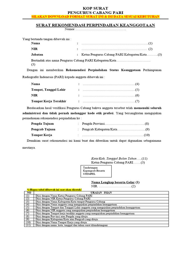 Format Surat Rekomendasi Mutasi Anggota | PDF