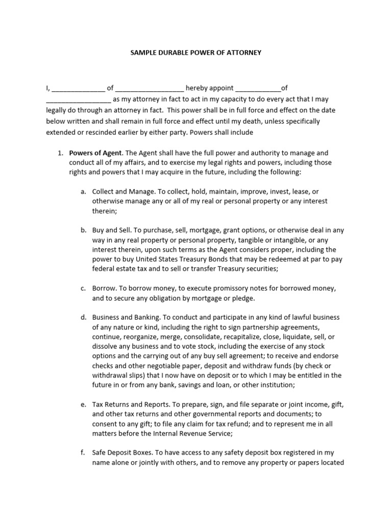 Sample Durable Power of Attorney | PDF | Banks | Securities (Finance)