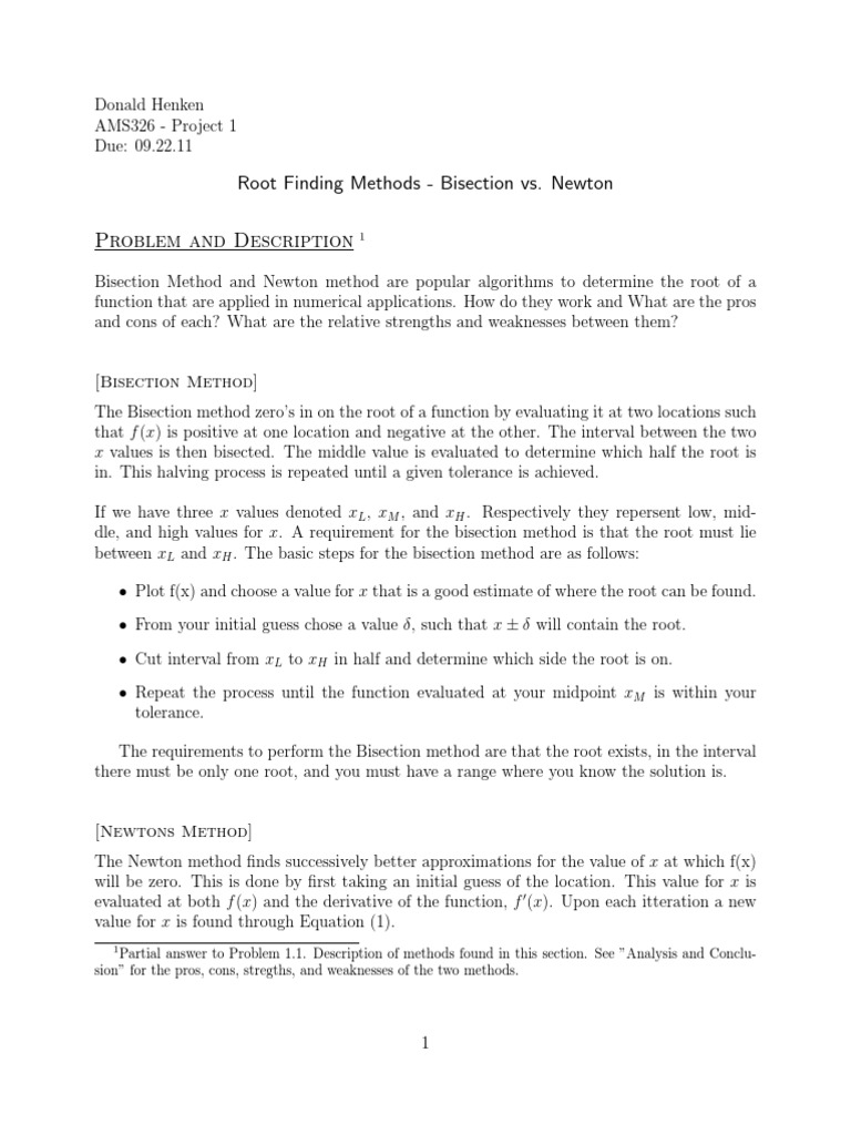 Root Finding Methods - Bisection vs. Newton Problem and Description | PDF | Derivative ...