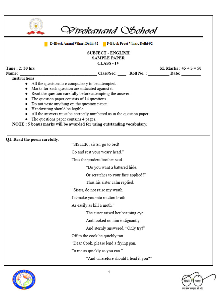 EdEngSamplePaper Class4 20230906205226770 | PDF | Linguistics | Human Communication