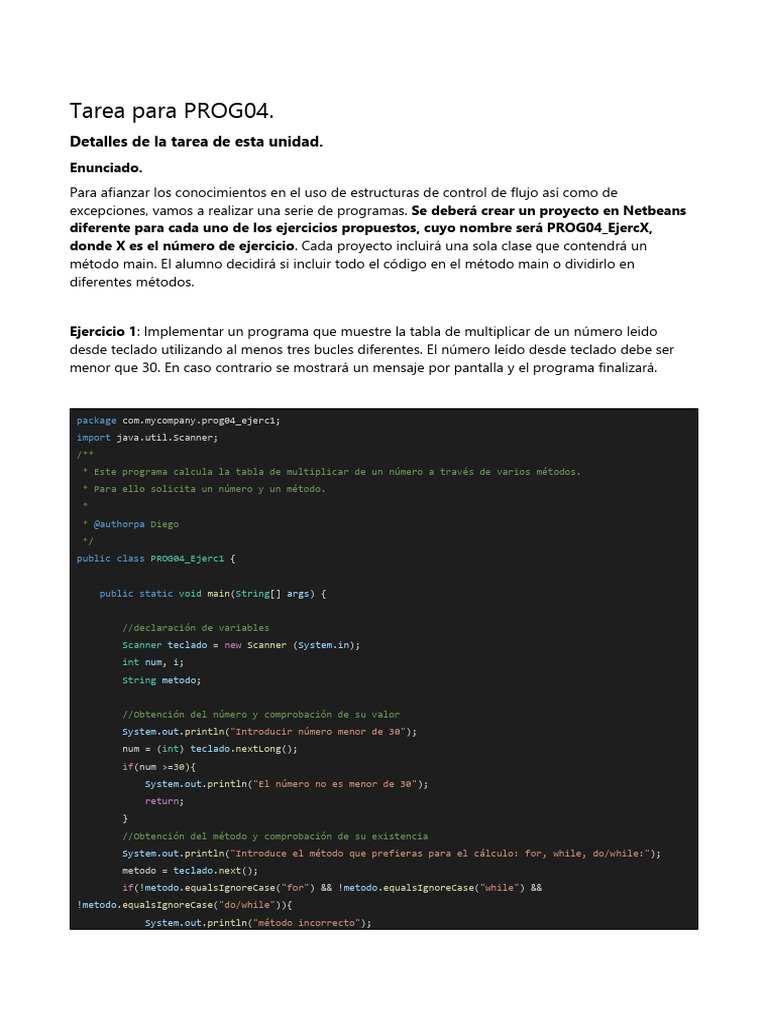 PROG04 Tarea PDF | PDF | Java (lenguaje de programación) | División (Matemáticas)