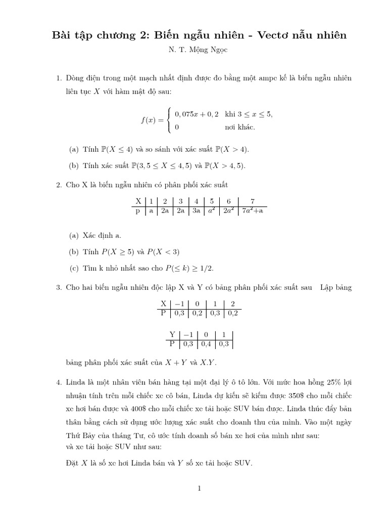 Bai Tap Chuong 2 Bienngaunhien-Vec To Ngau Nhien | PDF