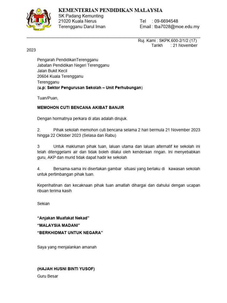 Surat Cuti Bencana (2hari) | PDF