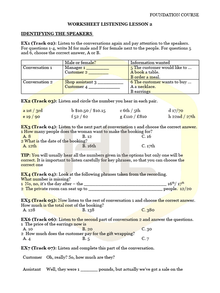 Worksheet Listening Lesson 2 | PDF | Multiple Choice