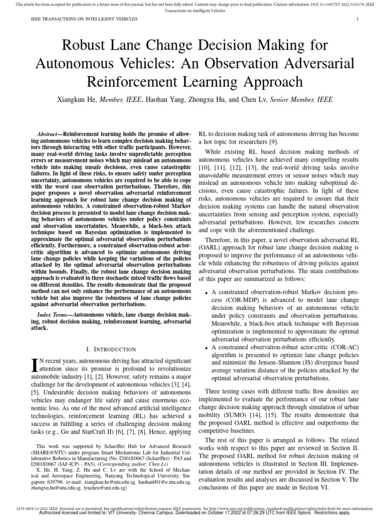 Robust Lane Change via Adversarial RL | PDF | Mathematical Optimization | Decision Making