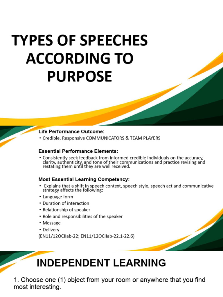 FINAL Session 2 TYPES OF SPEECHES ACCORDING TO PURPOSE | PDF