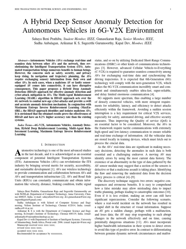 A Hybrid Deep Sensor Anomaly Detection For Autonomous Vehicles in 6G V2X Environment IEEE TNSE | PDF