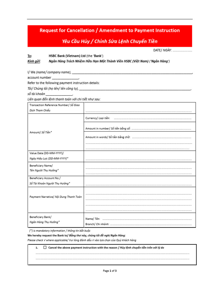 Request For Cancellation Amendment To Payment Instruction | PDF