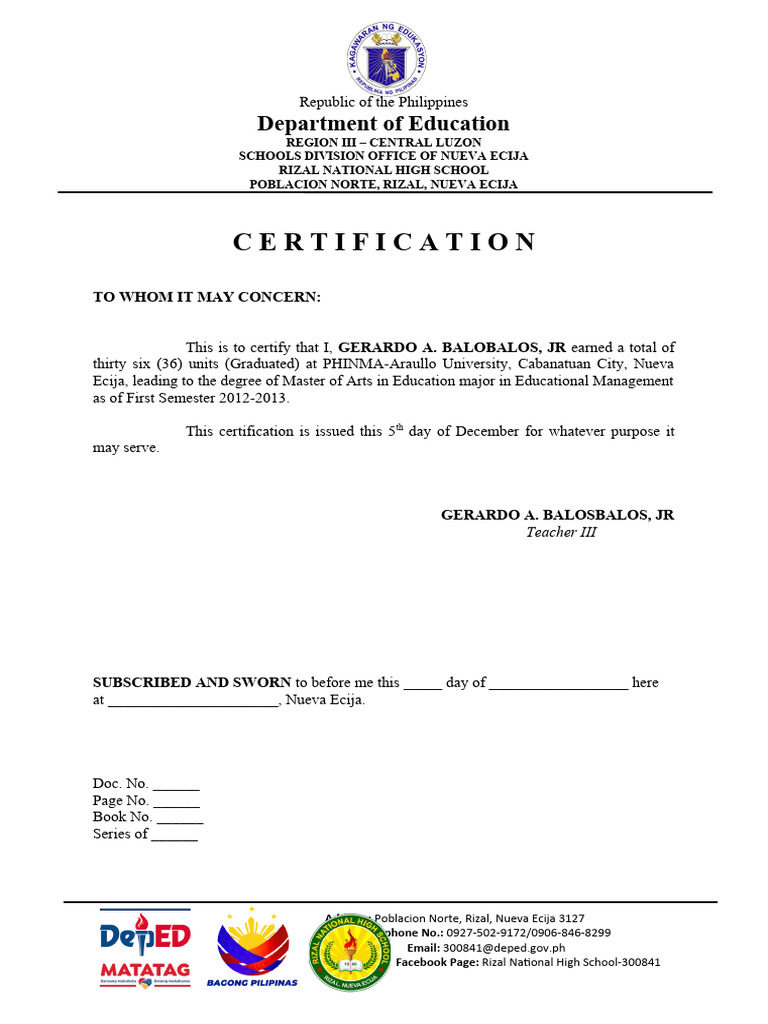 Self Certification With Matatag Logo | PDF