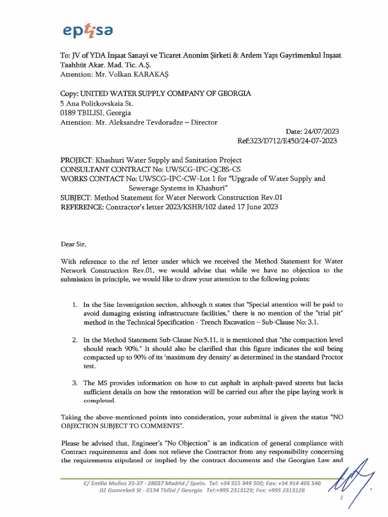 Letter N323 - D712 - E450 - 24!07!2023 - Method Statement For Water ...