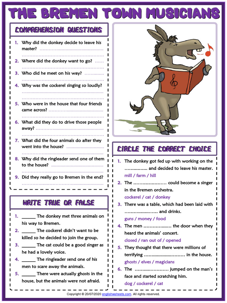 The Bremen Town Musicians Esl Printable Reading Comprehension Questions ...