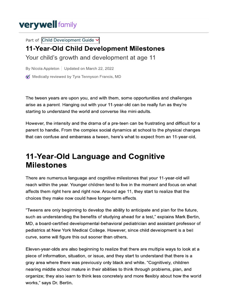 11 Year Old Developmental Milestones 4171925 - Print | PDF