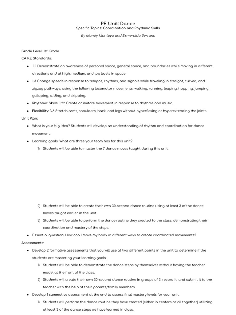 Pe Unit Plan Dance | PDF | Dances | Rhythm