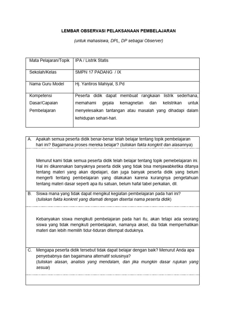 Foarota Harefa - Lembar Observasi Pembelajaran Pada Pembelajaran Ke-1 - TP3 | PDF