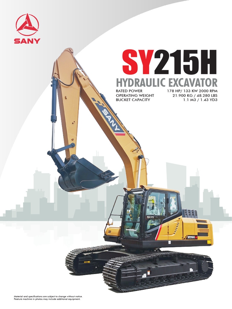 SANY SY215H Excavator Specifications | PDF | Horsepower | Pump