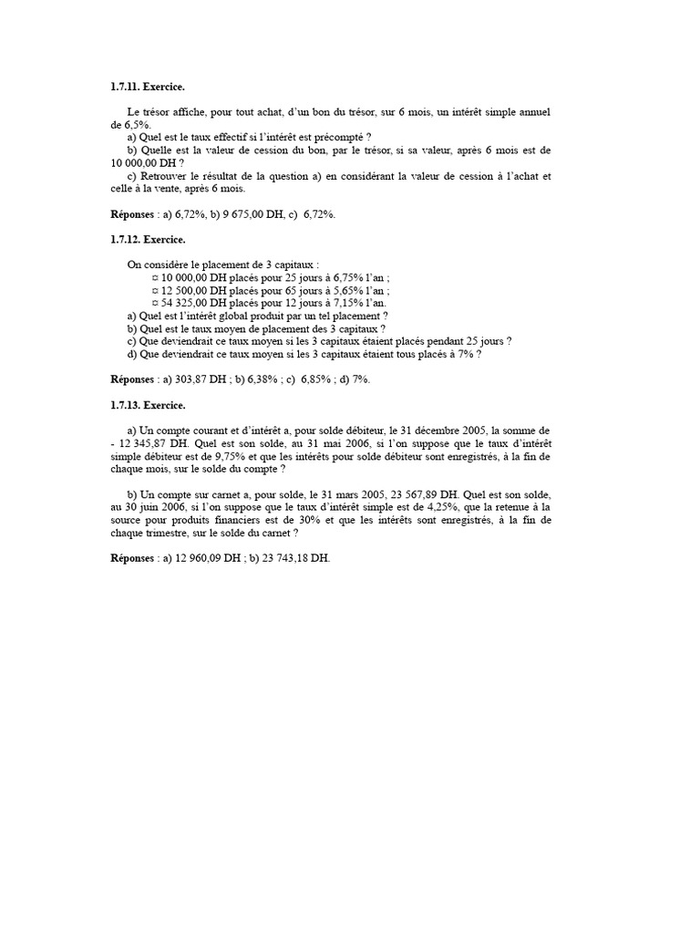 Mathématique Financière Exercices Interet Simple | PDF
