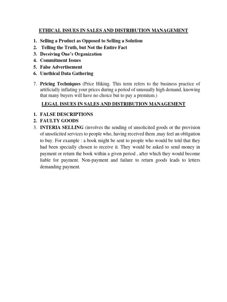ETHICAL and Legal ISSUES IN SALES AND DISTRIBUTION MANAGEMENT | PDF