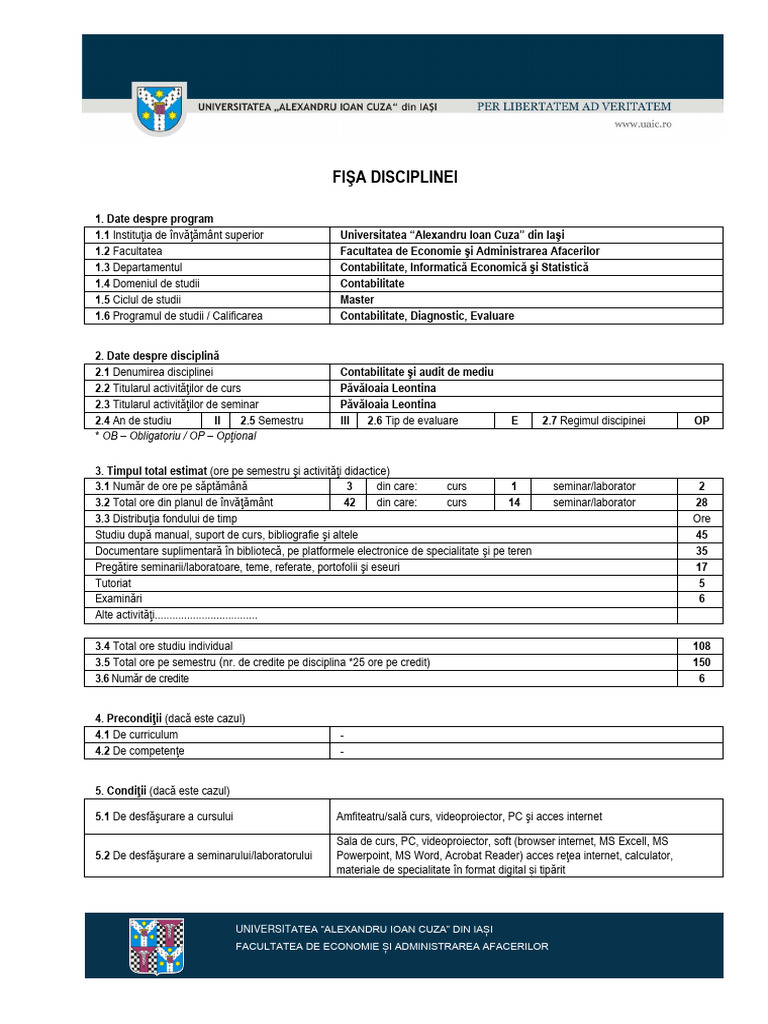 Fisa Disciplinei Contabilitate Audit Mediu CDE 2023-2024 | PDF