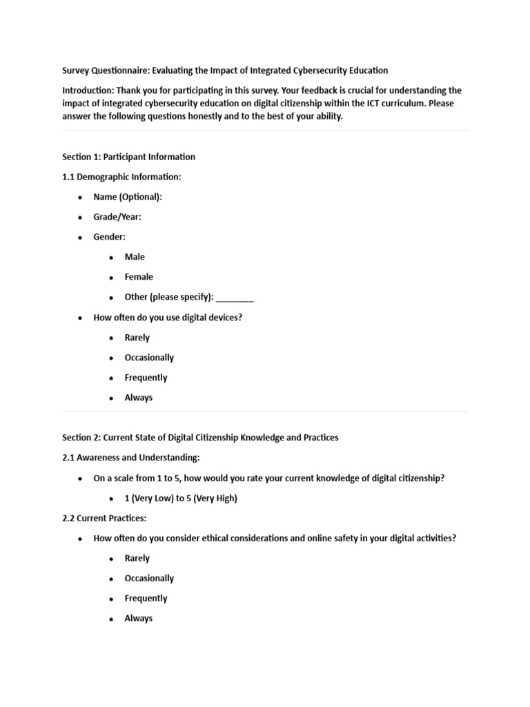 Survey Questionnaire Evaluating The Impact of Integrated Cybersecurity Education | Download Free ...