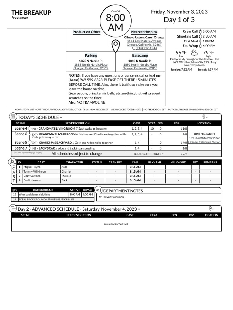 Day 1 Call Sheet - 3.11.2023 | PDF | Filmmaking