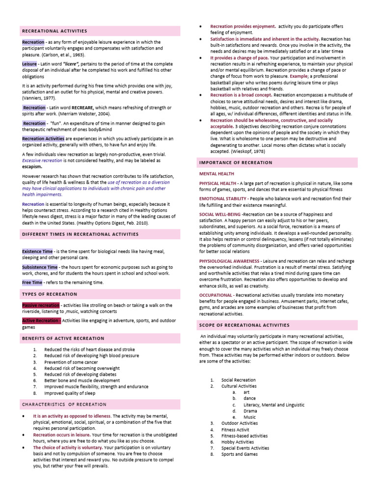 Notes - Recreational Activities | PDF | Recreation | Leisure