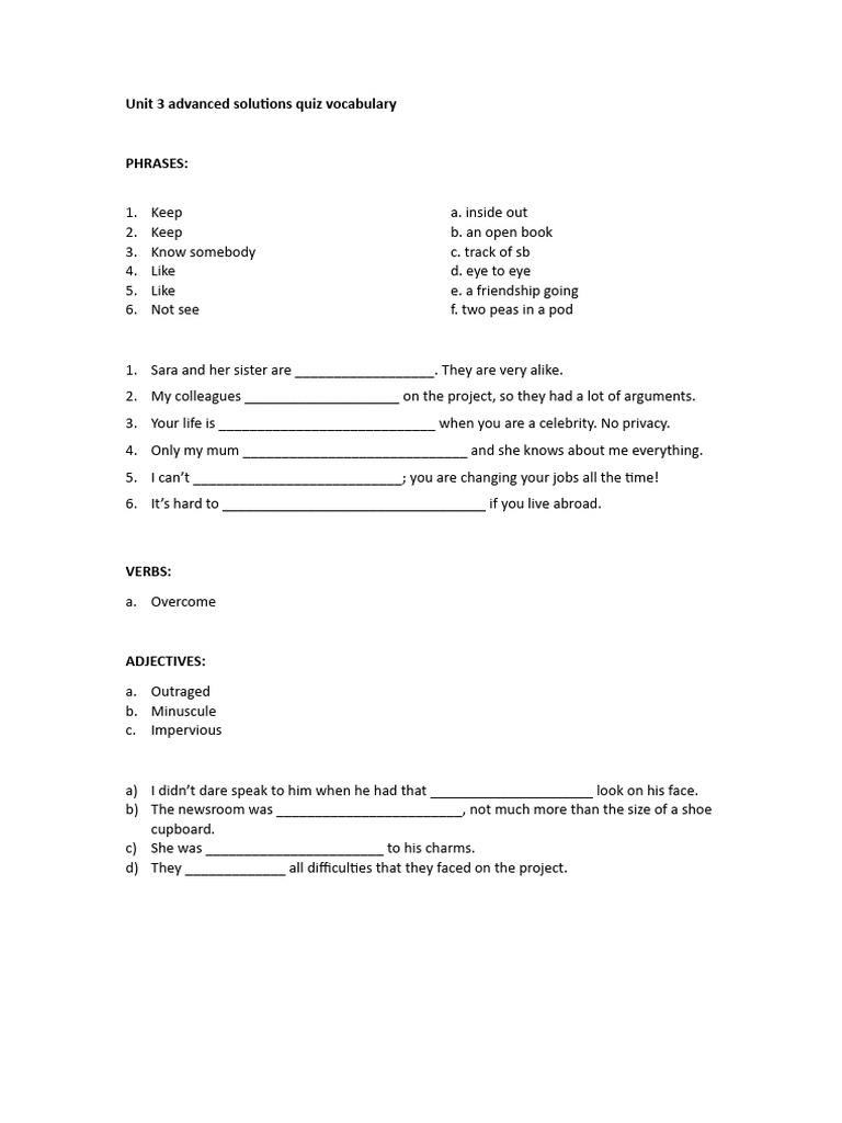 Advanced Solutions Vocabulary Quiz Unit 3 | PDF