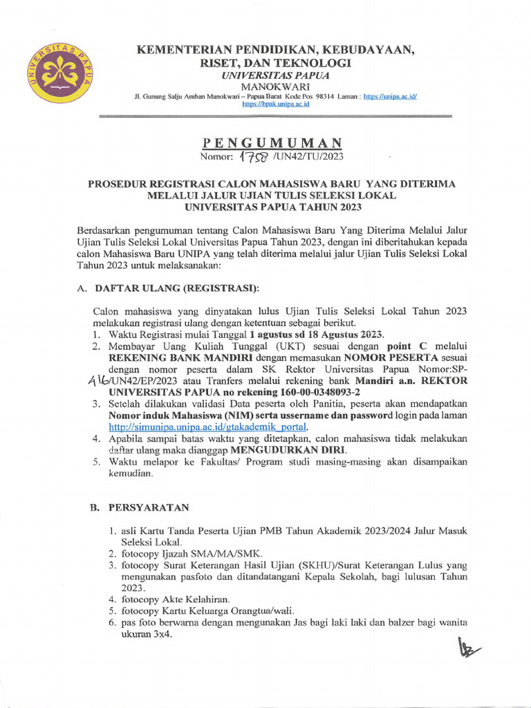 Prosedur Registrasi Hasil Seleksi Lokal 2874 | PDF