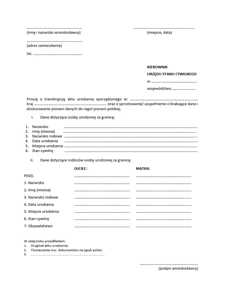 Wzór Wniosku o Transkrypcję I Uzupełnienie Aktu Urodzenia | PDF