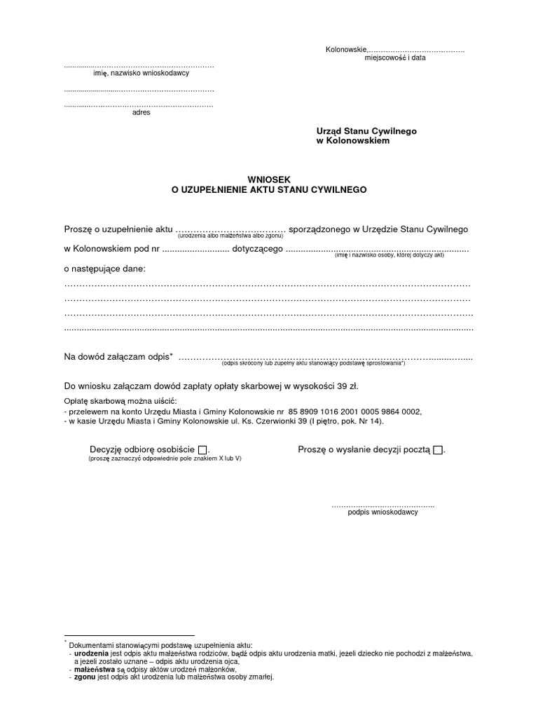 Wniosek o Uzupelnienie Aktu Stanu Cywilnego-Wzór | PDF