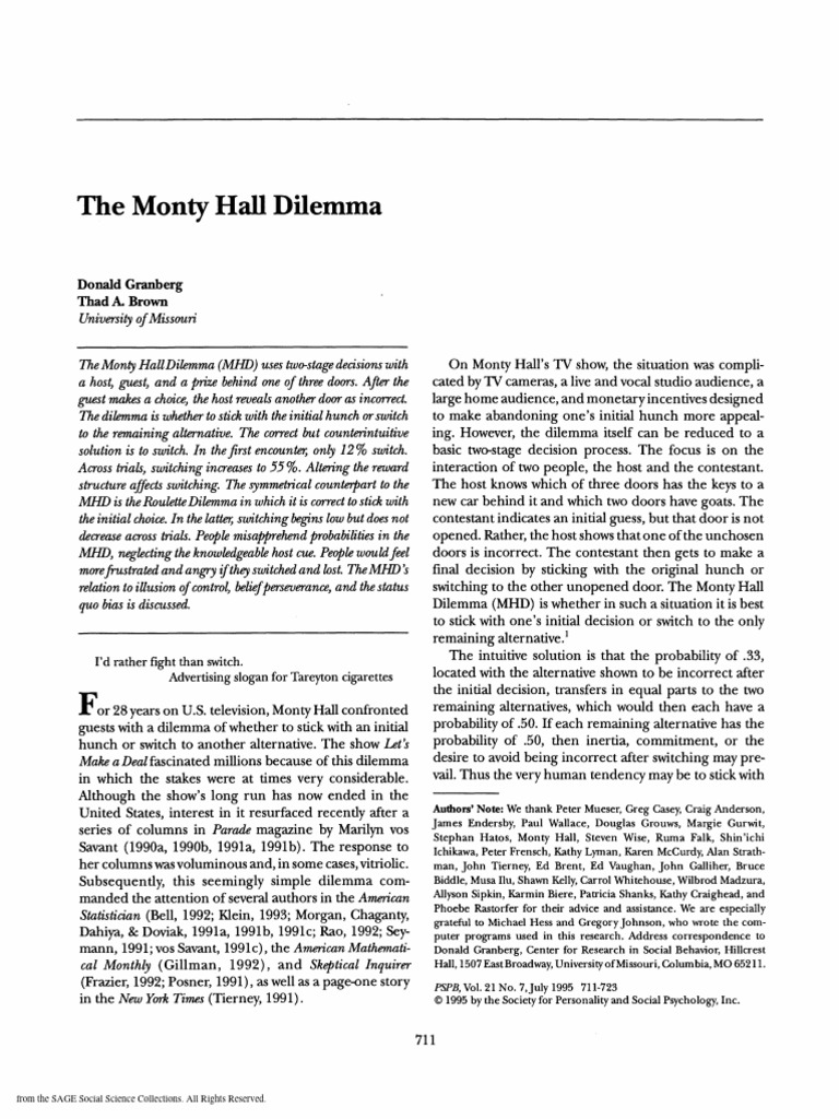 Granberg, Brown - 1995 - The Monty Hall Dilemma | PDF | Psychological Concepts | Science