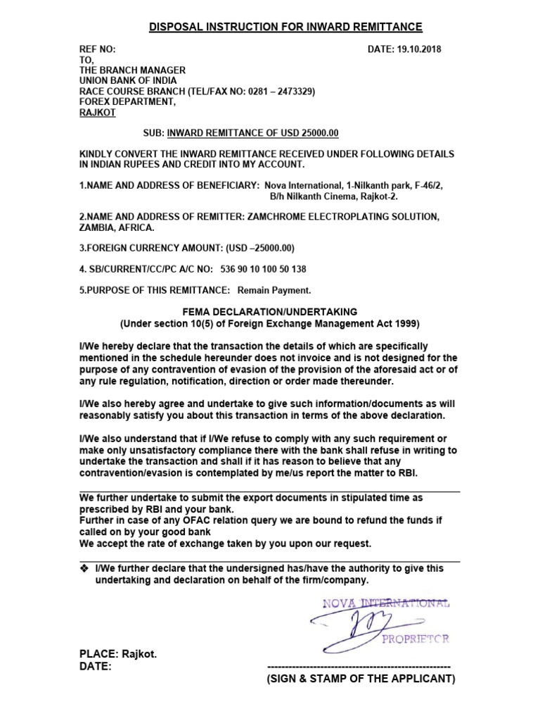 Disposal Instruction For Inward Remittance | PDF