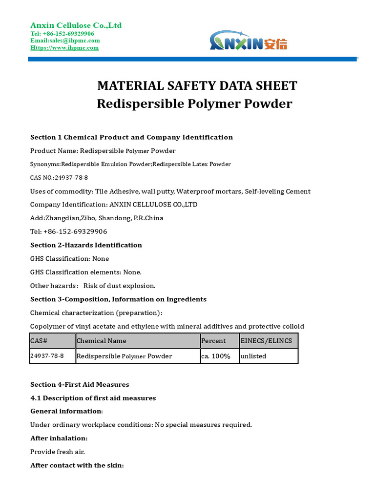 Anxin Cellulose Co.,Ltd: Msds Redispersible Polymer Powder RDP | PDF ...