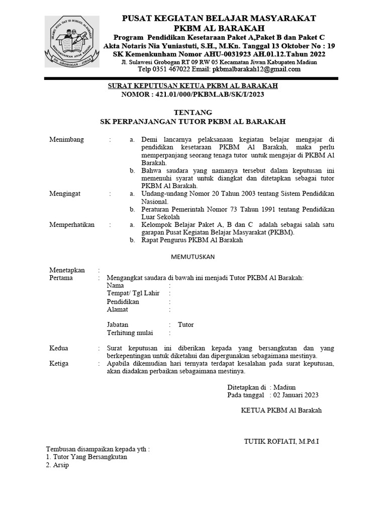 CONTOH SK PERPANJANGAN TUTOR PKBM 2023 | PDF CONTOH SK PERPANJANGAN TUTOR PKBM 2023 | PDF