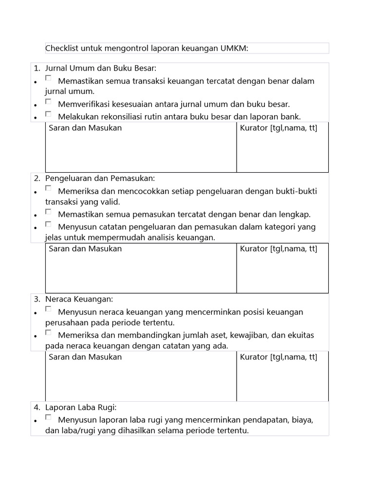 Checklist Pengecekan Laporan Keuangan UMKM | PDF