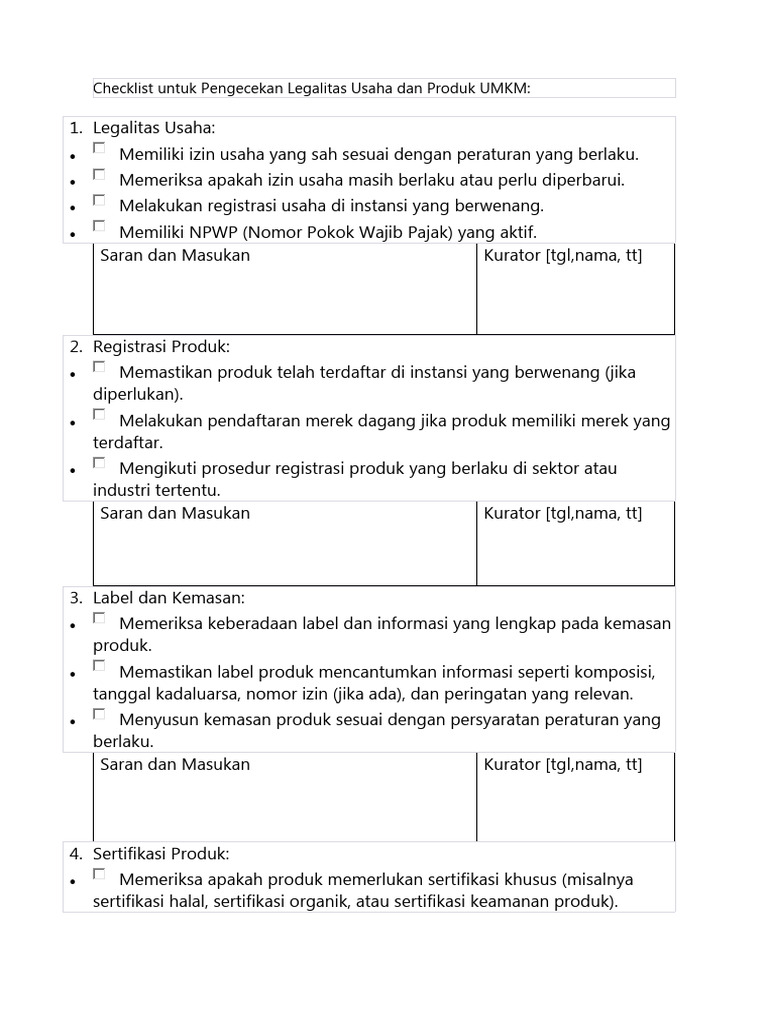 Checklist Pengecekan Legalitas Usaha Dan Produk | PDF
