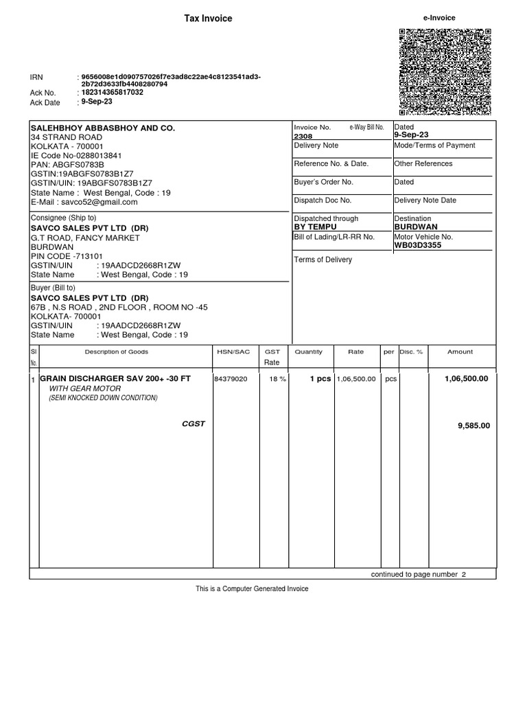 Tax Invoice: Salehbhoy Abbasbhoy and Co. 9-Sep-23 | PDF