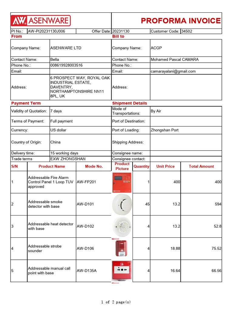 Proforma Invoice for Fire Alarm Products | PDF | Service Industries