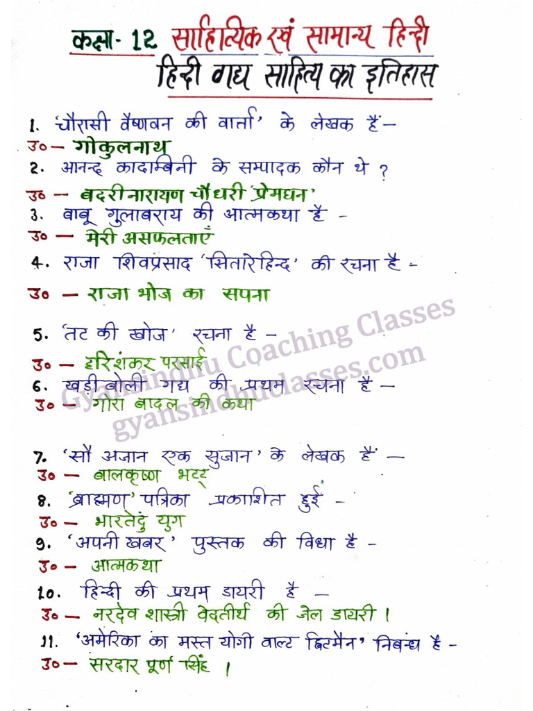 Class 12th Hindi हिंदी गद्य साहित्य का विकास 247 प्रश्नोत्तर 1 | PDF