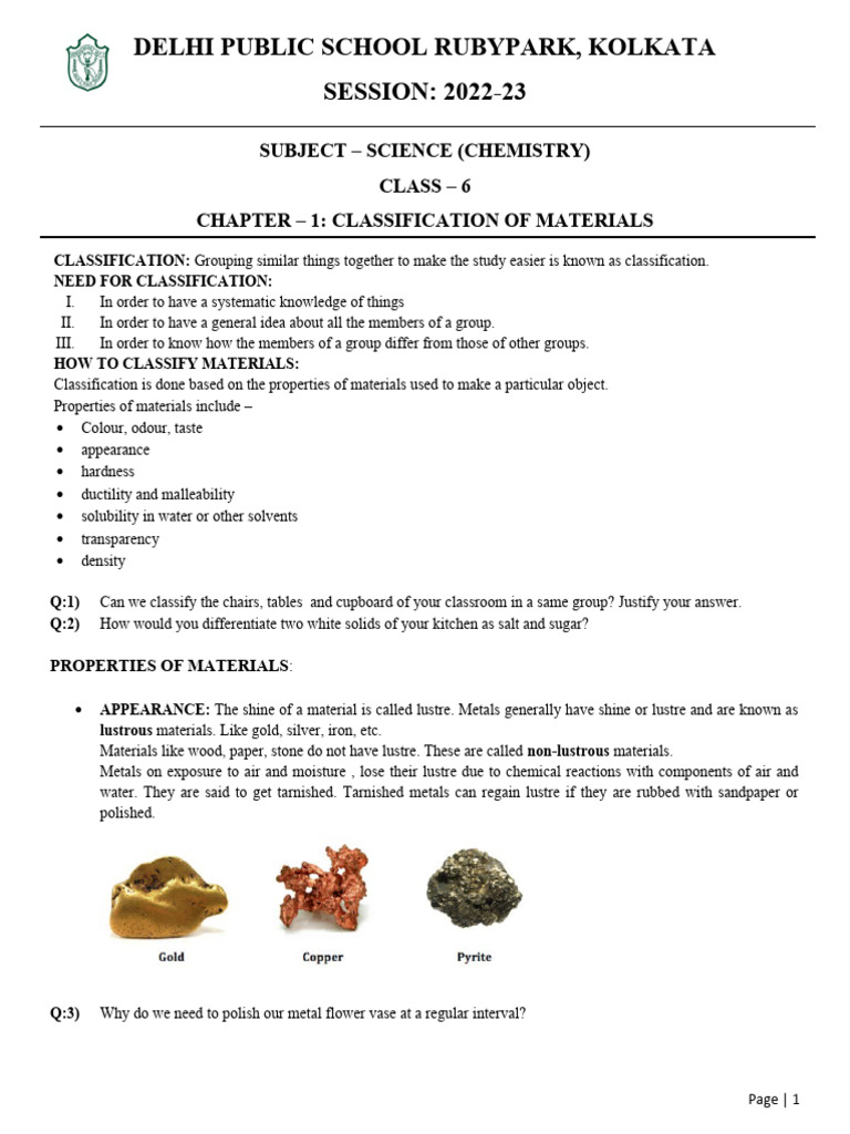 Study Material Class 6 Chemistry Chap 1 2022-23 | PDF