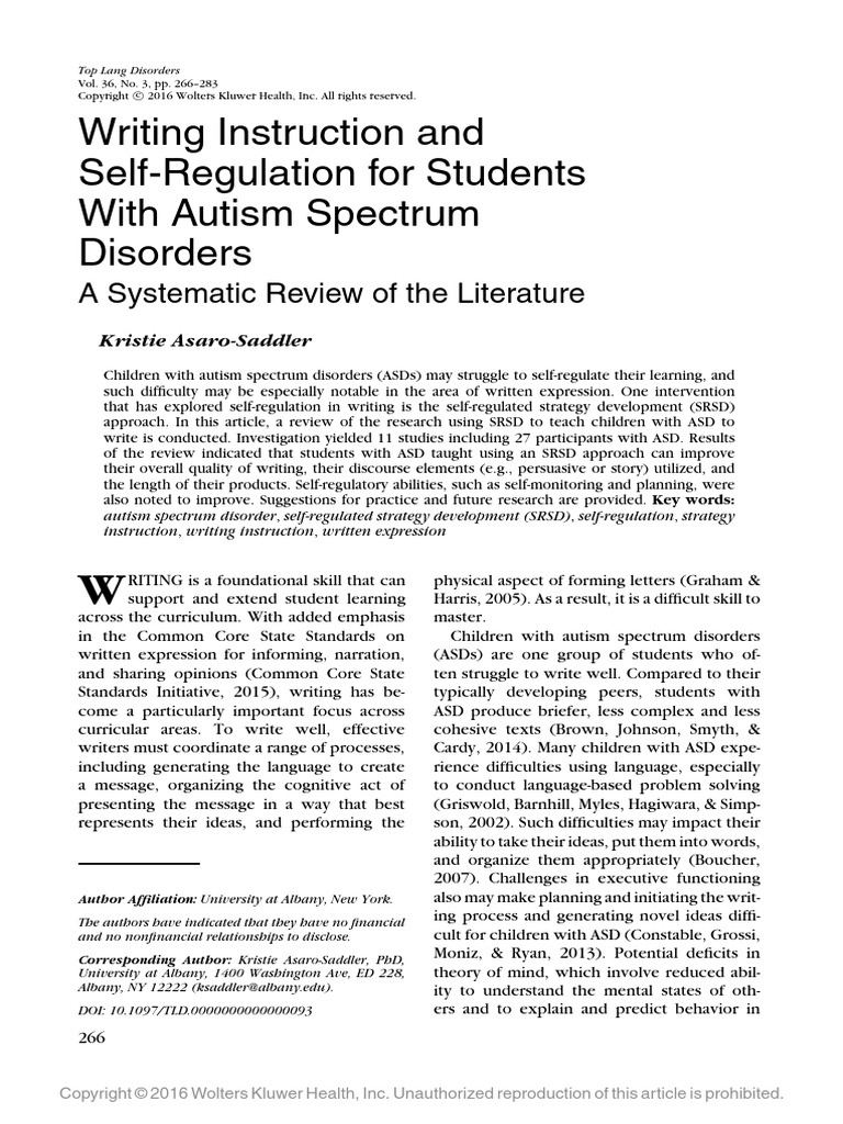 Writing Instruction and Self-Regulation For Students With Autism Spectrum Disorders | PDF ...