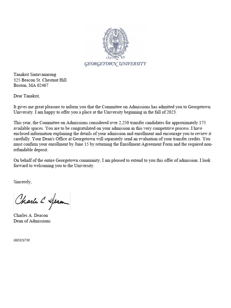 Ike's Georgetown Acceptance Letter | PDF | Cheque | Student Financial ...